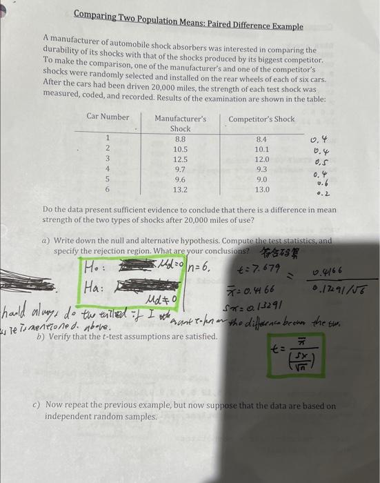 Solved Comparing Two Population Means: Paired Difference | Chegg.com