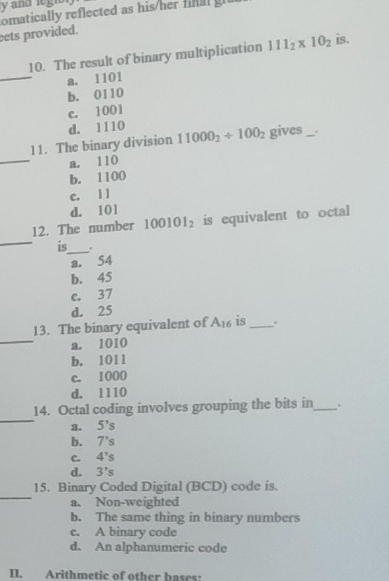 Solved 10. The result of binary multiplication 1112×102 is. | Chegg.com