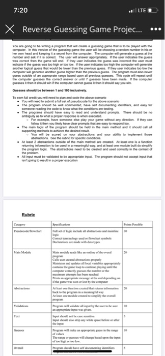 Solved 7:20 LTE X Reverse Guessing Game Projec... ... You | Chegg.com