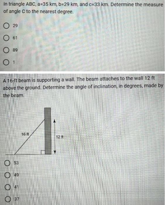 Solved In triangle ABC,a=35 km,b=29 km, and c=33 km. | Chegg.com