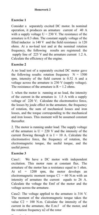 Solved Homework 2 Exercise 1 Consider a separately excited | Chegg.com