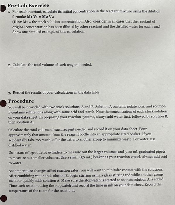 Solved Pre-Lab Exercise 1. For reach reactant, calculate its | Chegg.com