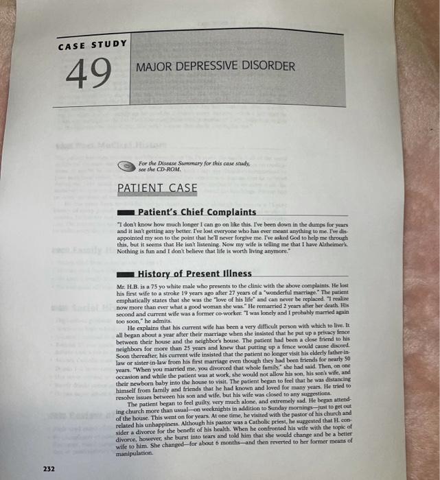 Solved CASE STUDY 49 MAJOR DEPRESSIVE DISORDER For the | Chegg.com