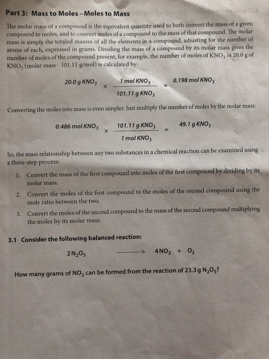 Solved Part 3: Mass to Moles - Moles to Mass The molar mass | Chegg.com