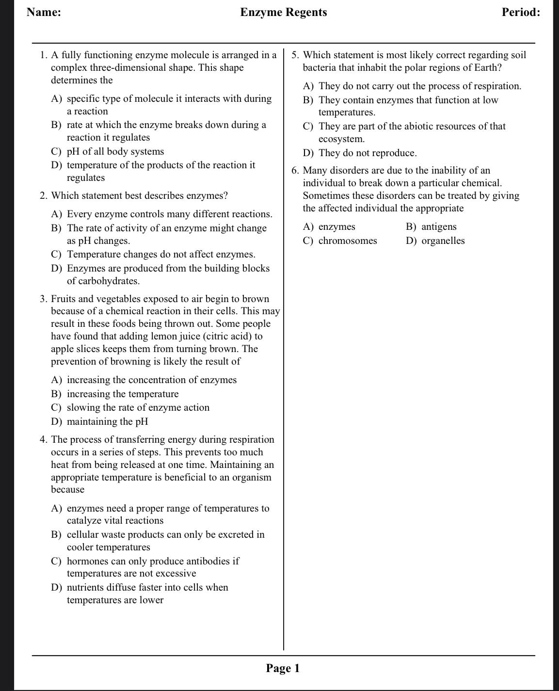 Solved Name:Enzyme RegentsPeriod:A fully functioning enzyme | Chegg.com