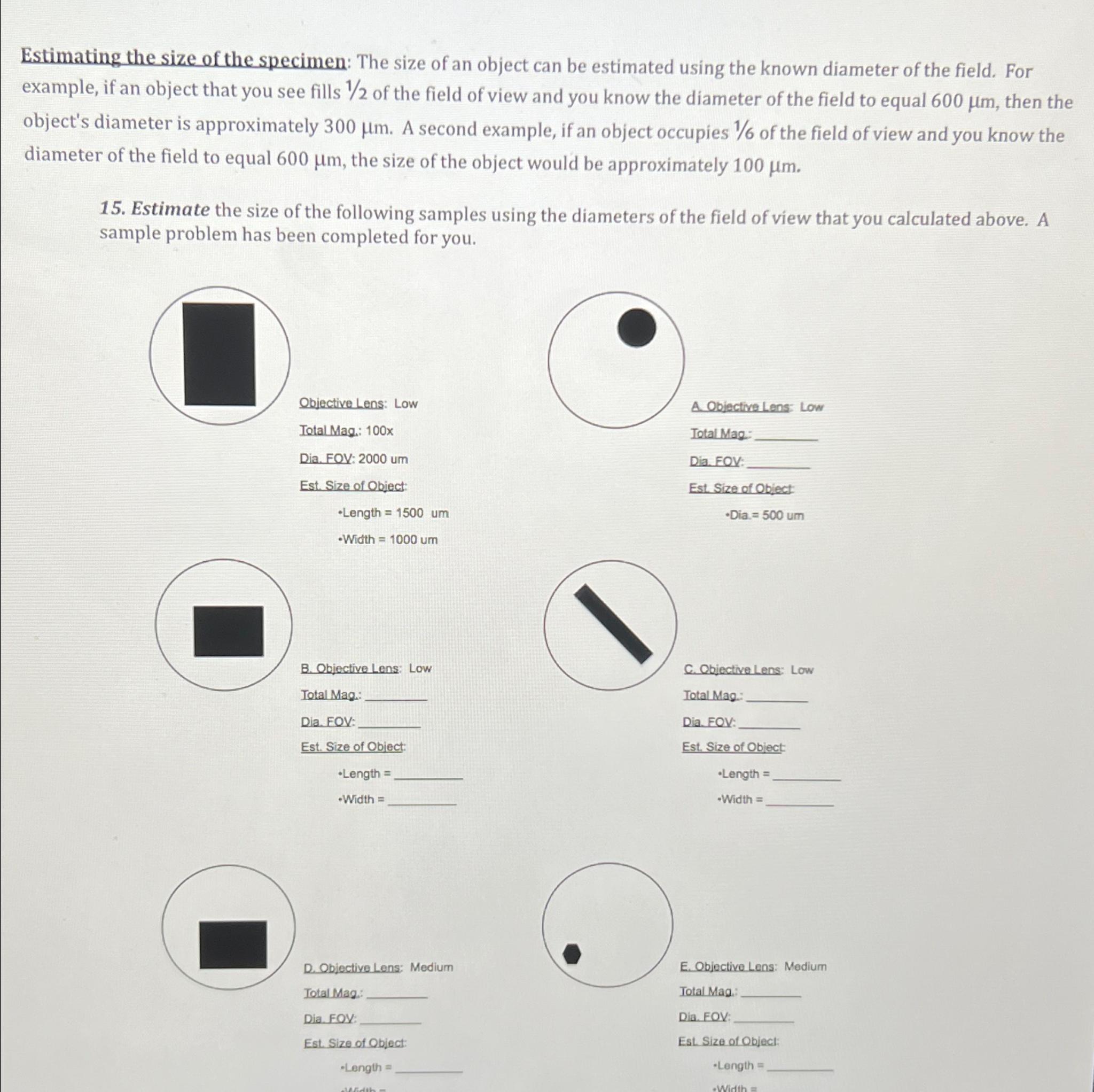Solved Estimating the size of the specimen: The size of an | Chegg.com