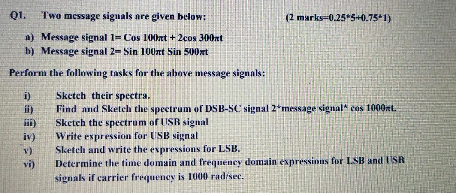 Solved Q1. Two message signals are given below: (2 | Chegg.com