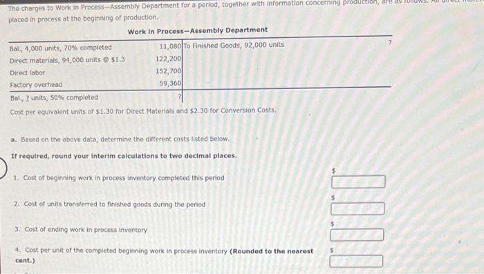 Solved The charges to Work in Process-Assembly Depar ploced | Chegg.com
