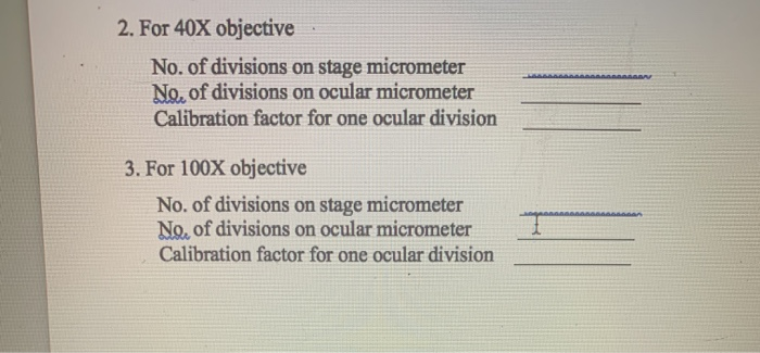 Solved 40X 100X 2. For 40X objective No. of divisions on | Chegg.com