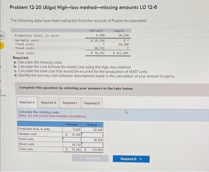 Solved Problem 12-20 (Algo) High-low method-missing amounts | Chegg.com
