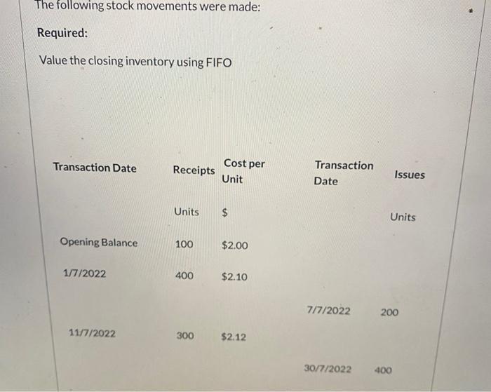 Solved The following stock movements were made: Required: | Chegg.com