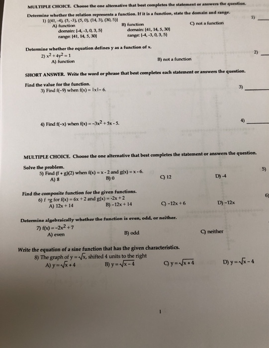 Solved MULTIPLE CHOICE. Choose the one alternative that best | Chegg.com