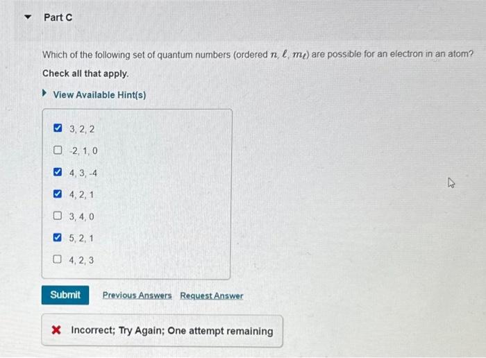 Solved Part C Which of the following set of quantum | Chegg.com