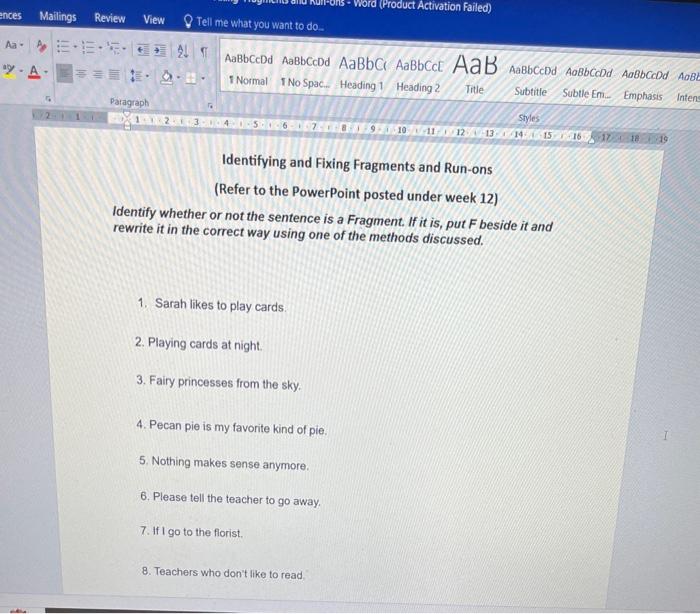 Identifying and Fixing Fragments and Run-ons (Refer | Chegg.com