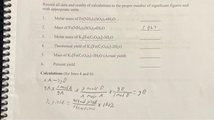 Solved Record all data and results of calculations to the | Chegg.com