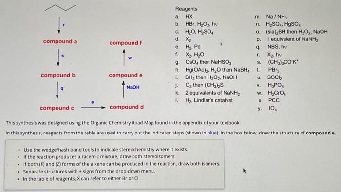 Solved Reagents a. HX b. HBr,H2O2,hv c. H2O,H2SO4 d. X2 e. | Chegg.com
