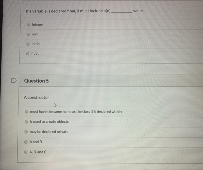 Solved If a variable is declared final, it must include a(n) | Chegg.com