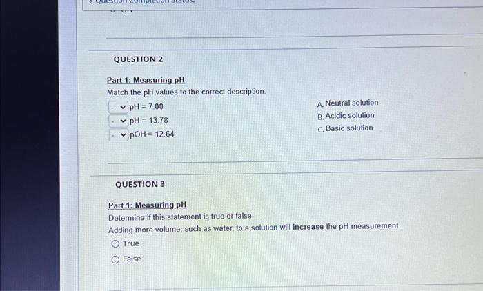 Solved Part 1: Measuring.pH Match the pH values to the | Chegg.com