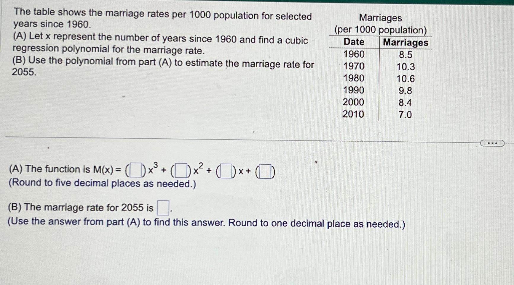 Solved The table shows the marriage rates per 1000 | Chegg.com