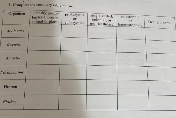 Solved 1. Complete the summary table below. | Chegg.com