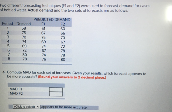 Solved Two different forecasting techniques (F1 and F2) were | Chegg.com