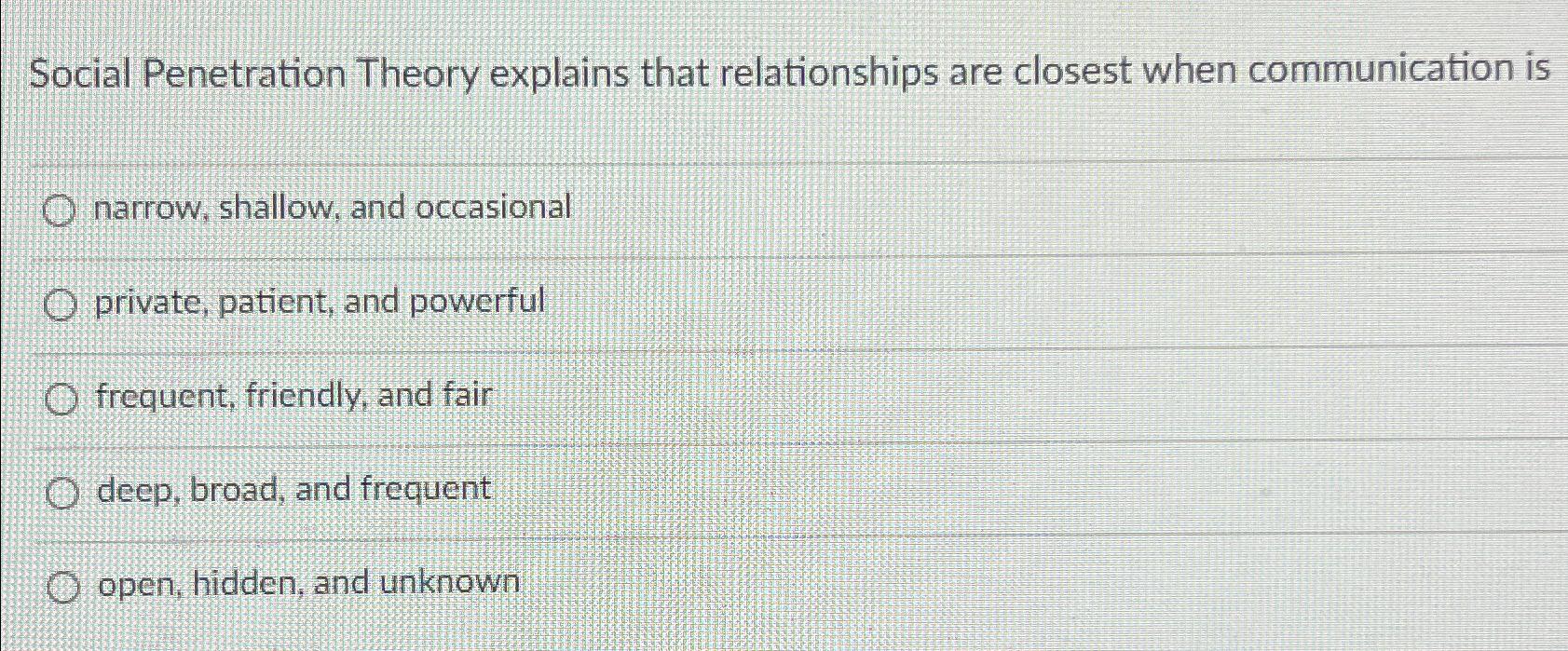Solved Social Penetration Theory explains that relationships | Chegg.com