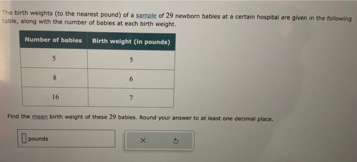 Solved The birth weights (to the nearest pound) of a sample | Chegg.com