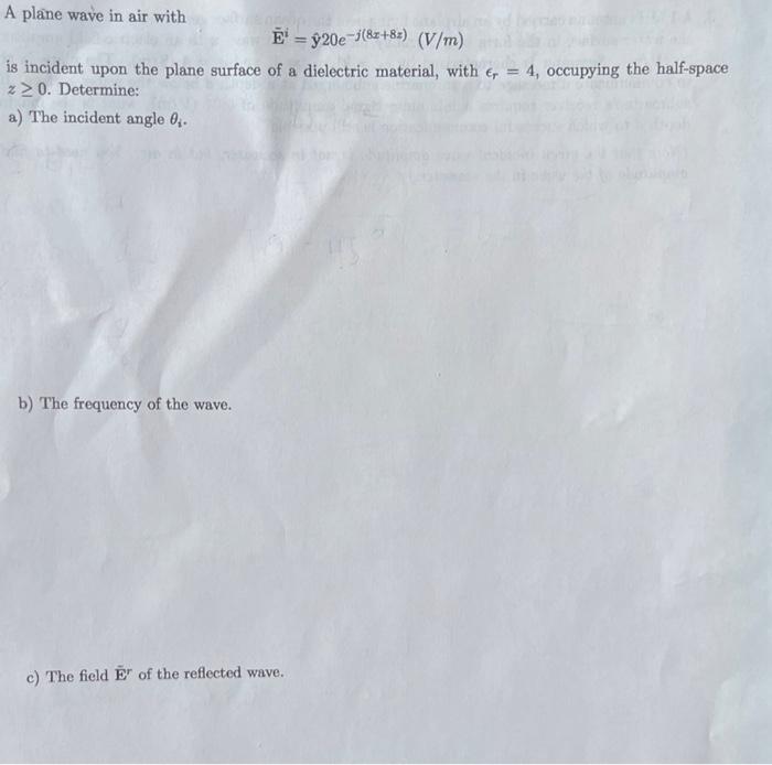 Solved A plane wave in air with Ei=y^20e−j(8x+8z)(V/m) is | Chegg.com