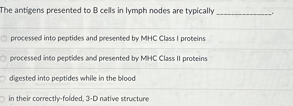 Solved The antigens presented to B cells in lymph nodes are | Chegg.com