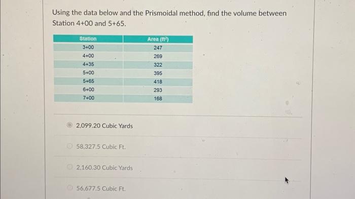 Solved Using the data below and the Prismoidal method, find | Chegg.com