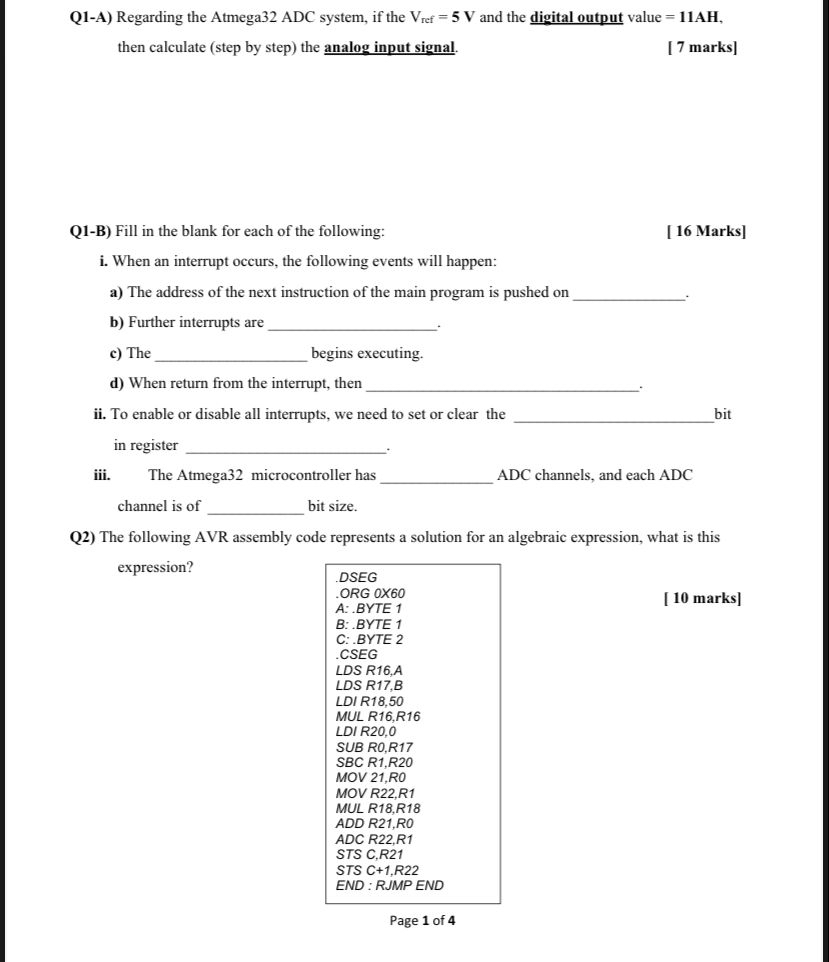 Solved Q1-A) ﻿Regarding the Atmega32 ﻿ADC system, if the | Chegg.com