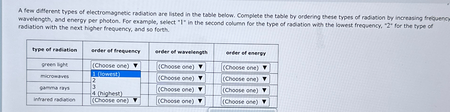 Solved A few different types of electromagnetic radiation | Chegg.com