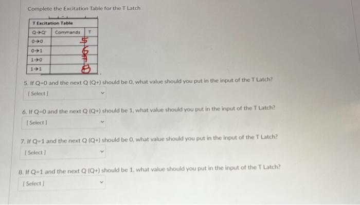 Solved Complete the Excitation Table for the T Latch T | Chegg.com