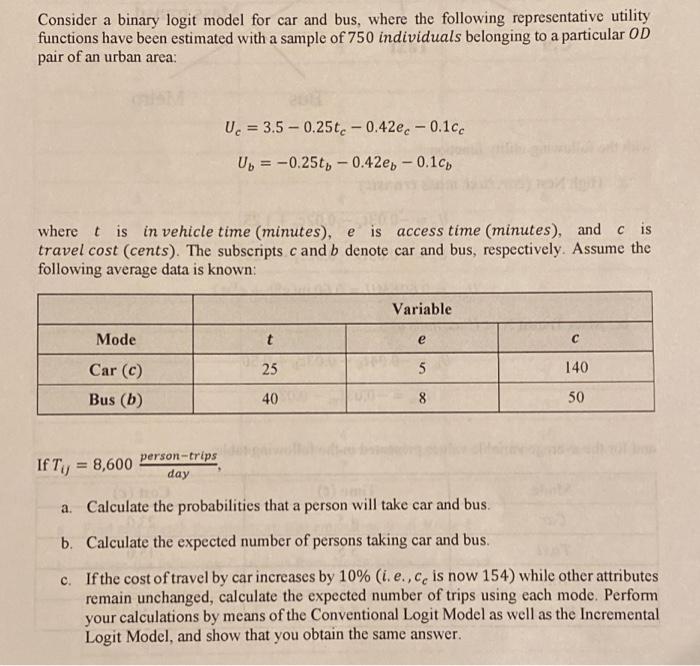 Solved Consider A Binary Logit Model For Car And Bus Where