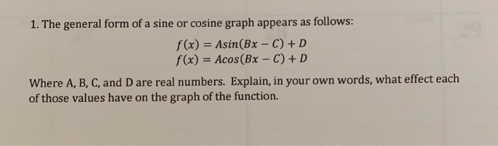 Solved 1. The general form of a sine or cosine graph appears | Chegg.com