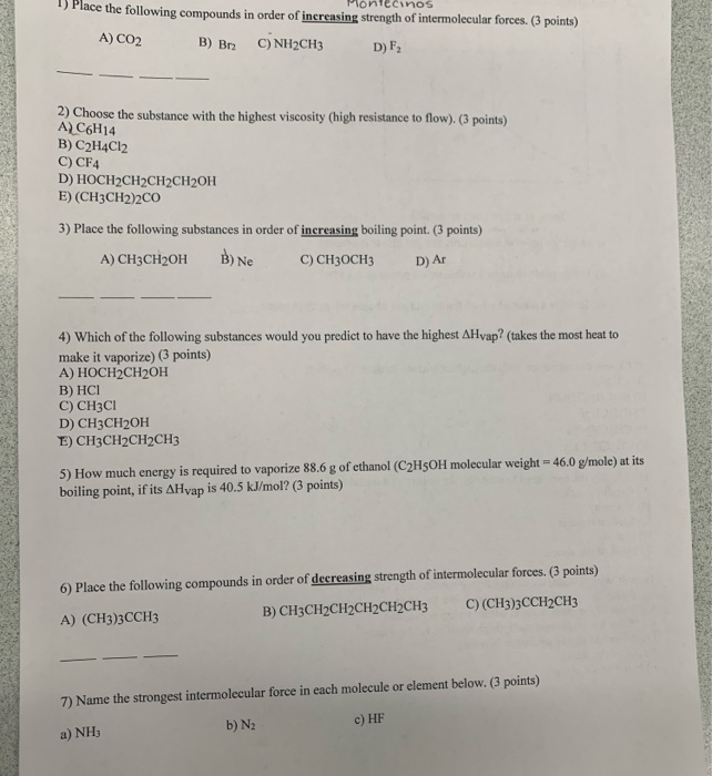 Solved Montecinos Place the following compounds in order of | Chegg.com