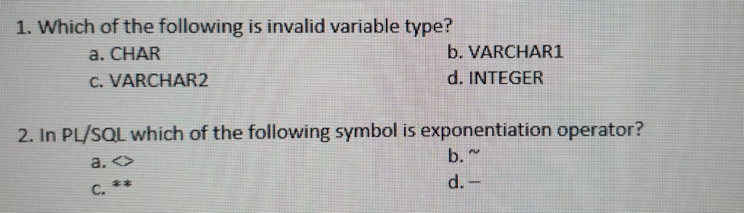 Solved 1 Which Of The Following Is Invalid Variable Type Chegg