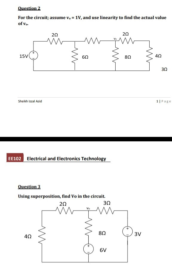 Solved Question 2 For the circuit; assume v. = 1V, and use | Chegg.com