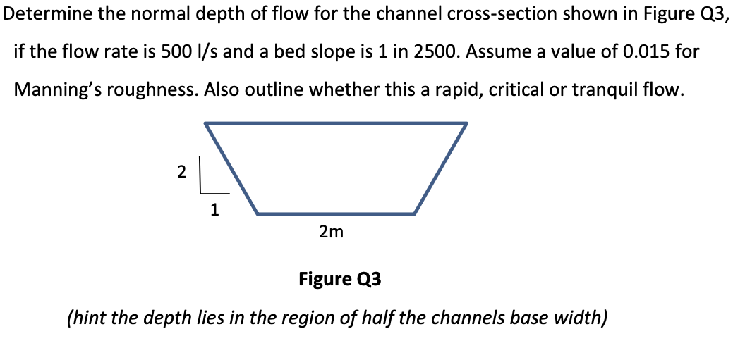 Solved Determine the normal depth of flow for the channel | Chegg.com