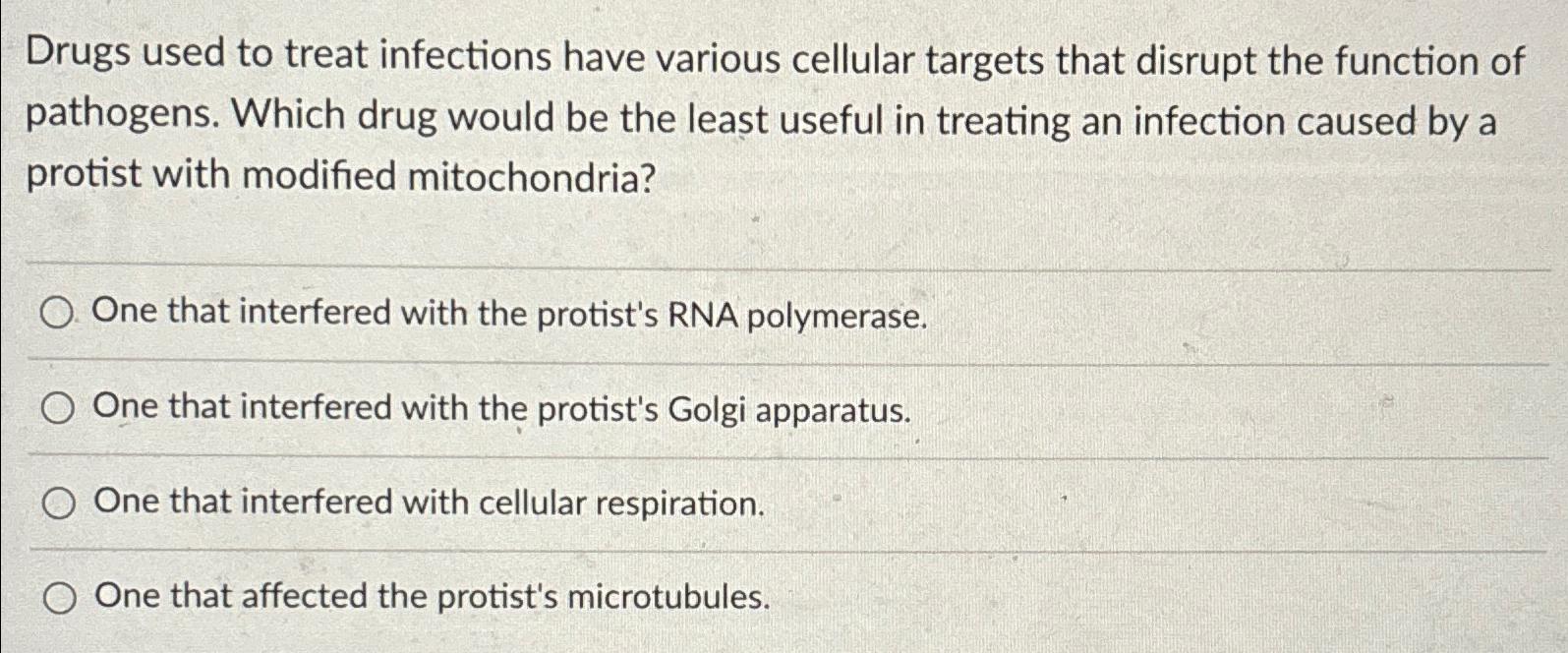 Solved Drugs used to treat infections have various cellular | Chegg.com