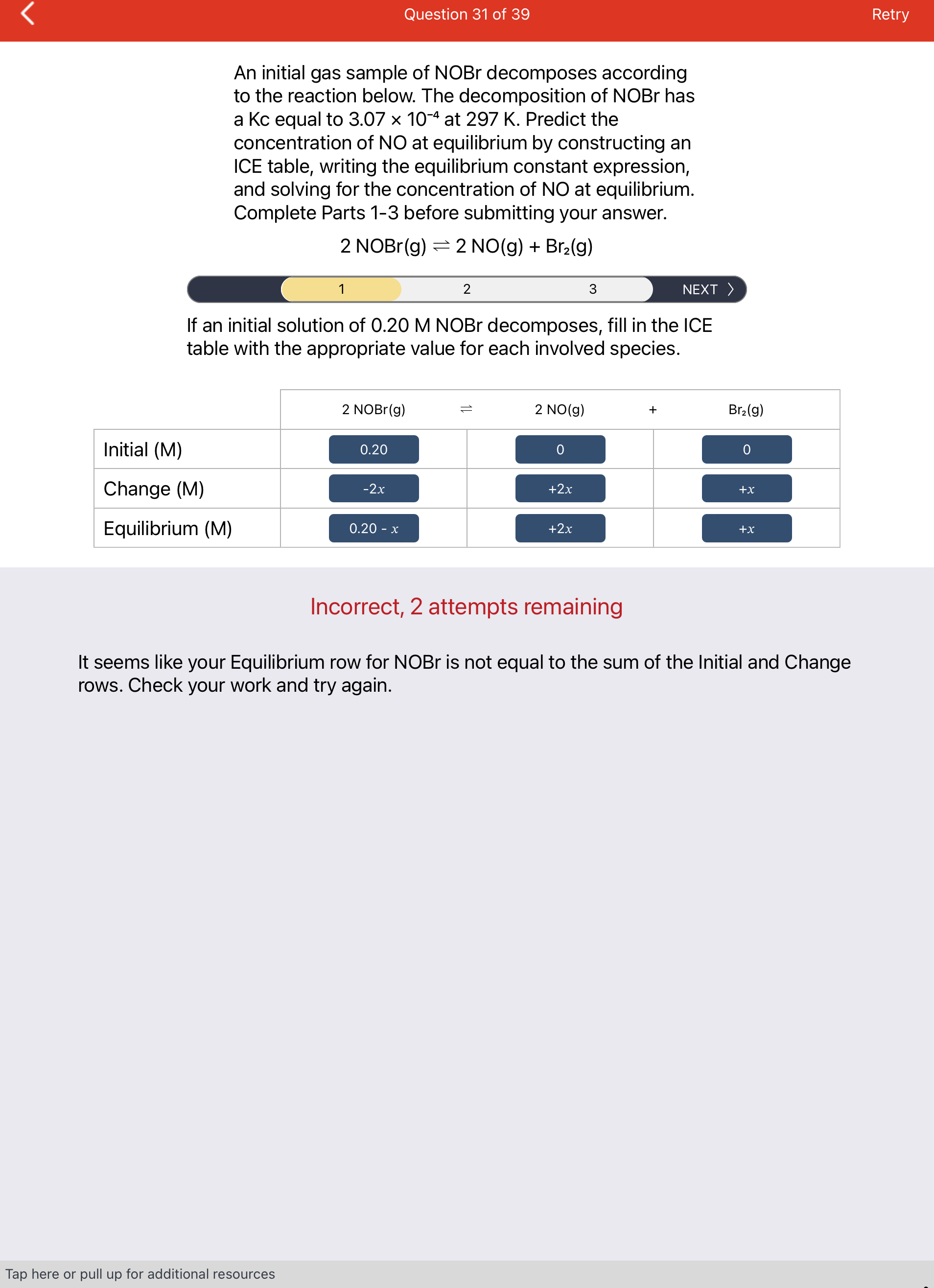 Solved Question 31 ﻿of 39RetryAn initial gas sample of NOBr | Chegg.com