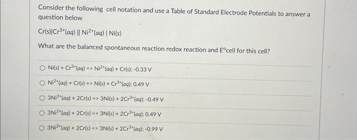 Solved Consider the following cell notation and use a Table | Chegg.com