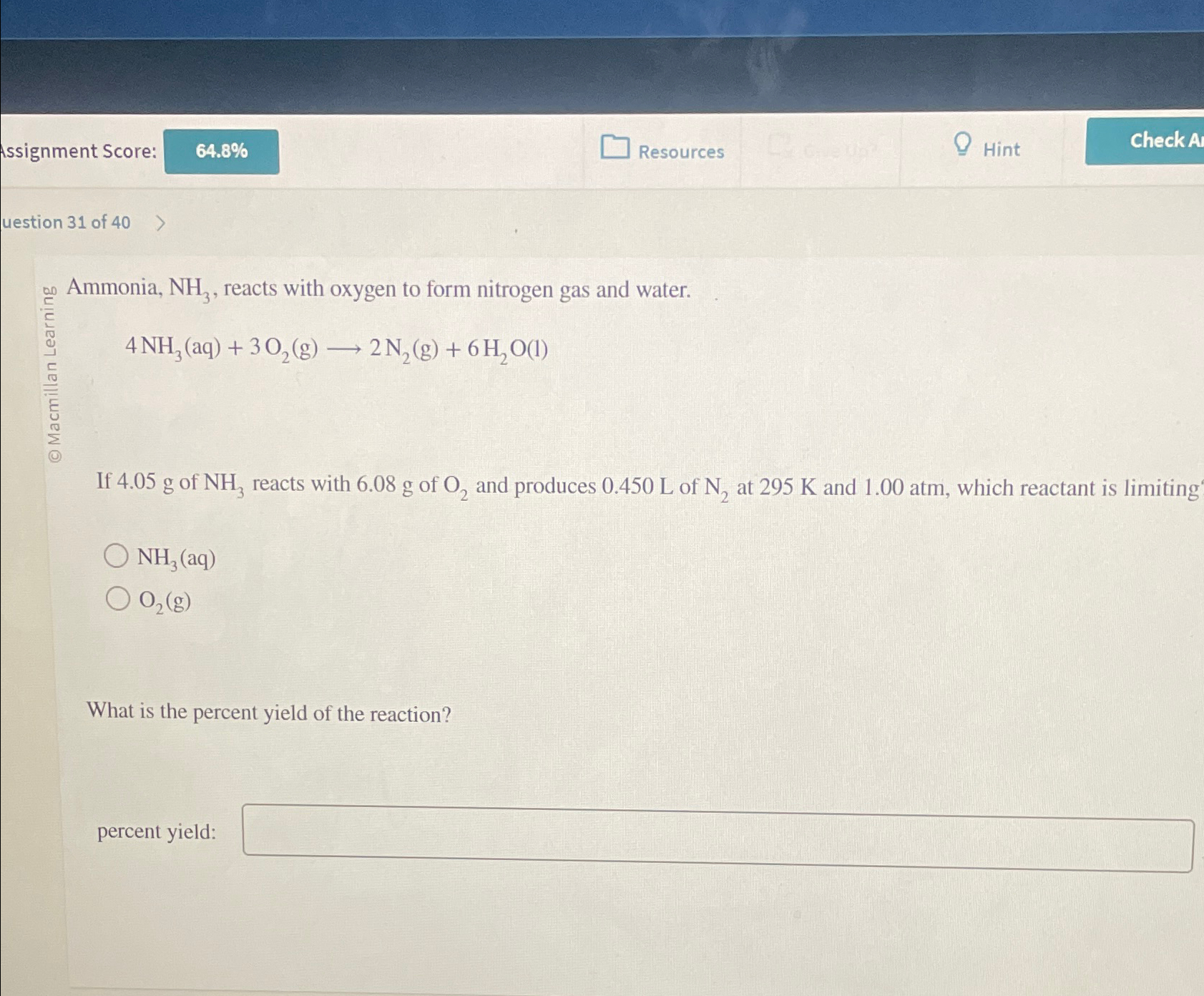 Solved Assignment Score:ResourcesHintuestion 31 ﻿of | Chegg.com