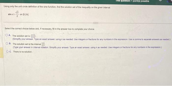 Solved Using only the unit circle definition of the sine | Chegg.com
