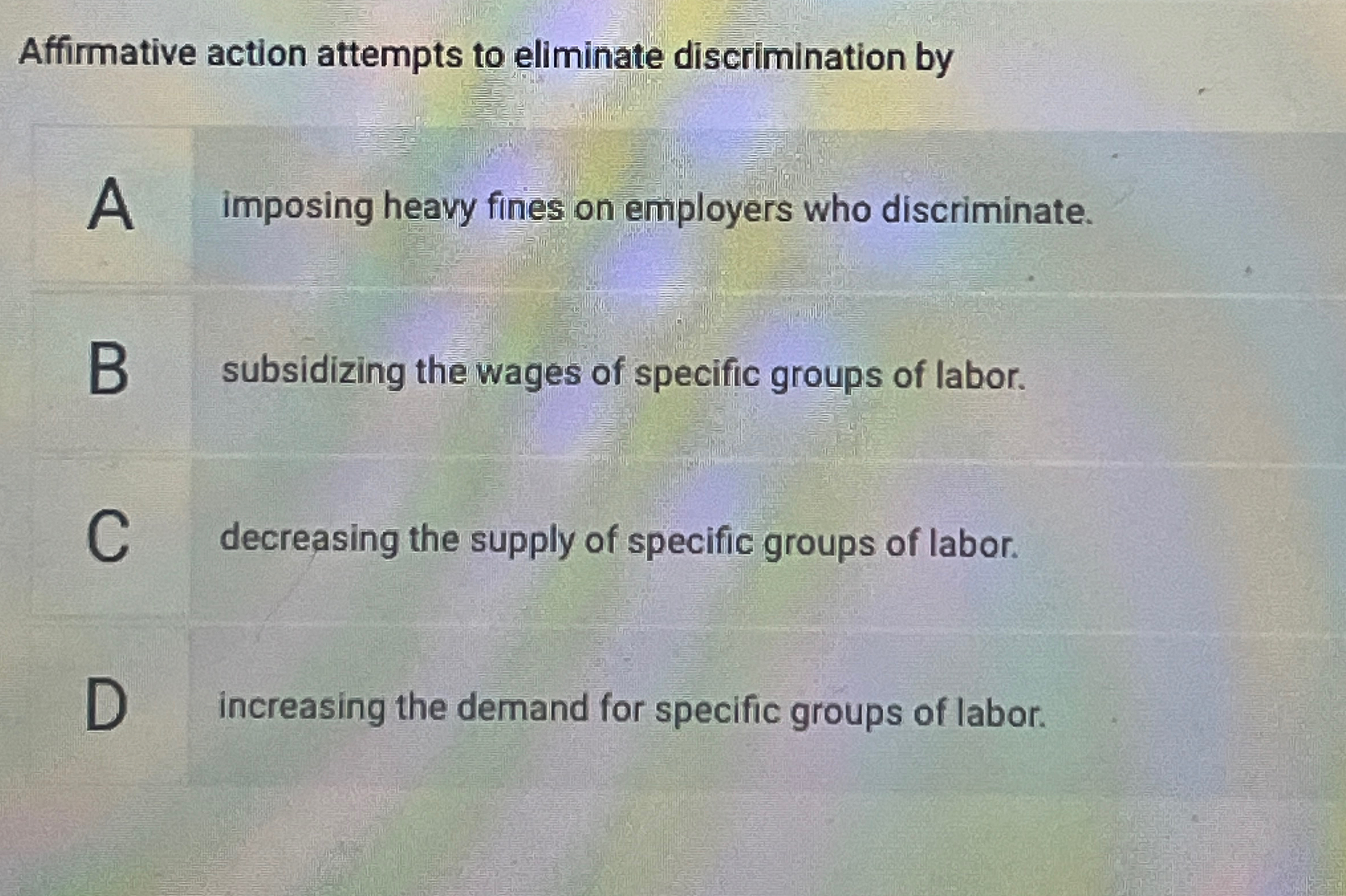 Solved Affirmative action attempts to eliminate | Chegg.com