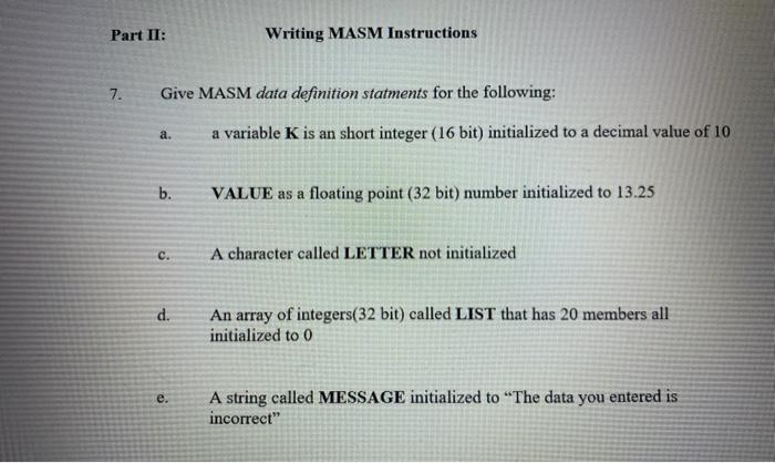 Solved Part Ii Writing Masm Instructions 7 Give Masm Data 