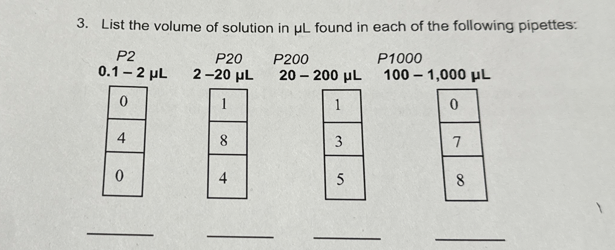Solved List the volume of solution in μL ﻿found in each of | Chegg.com