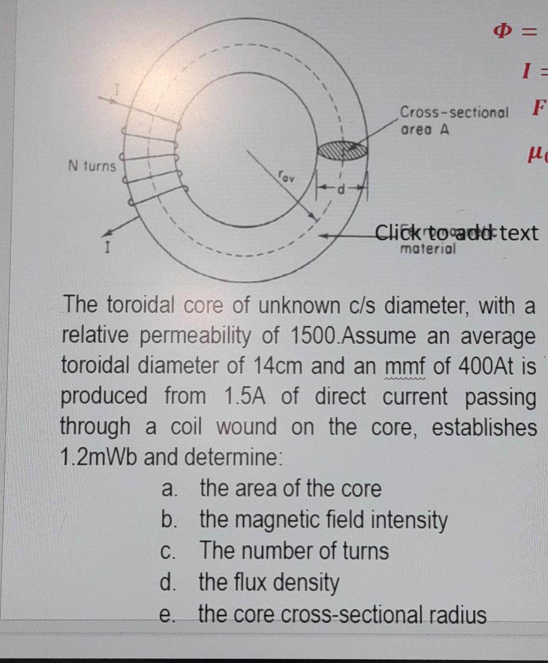 Solved The toroidal core of unknown c/s diameter, with a | Chegg.com