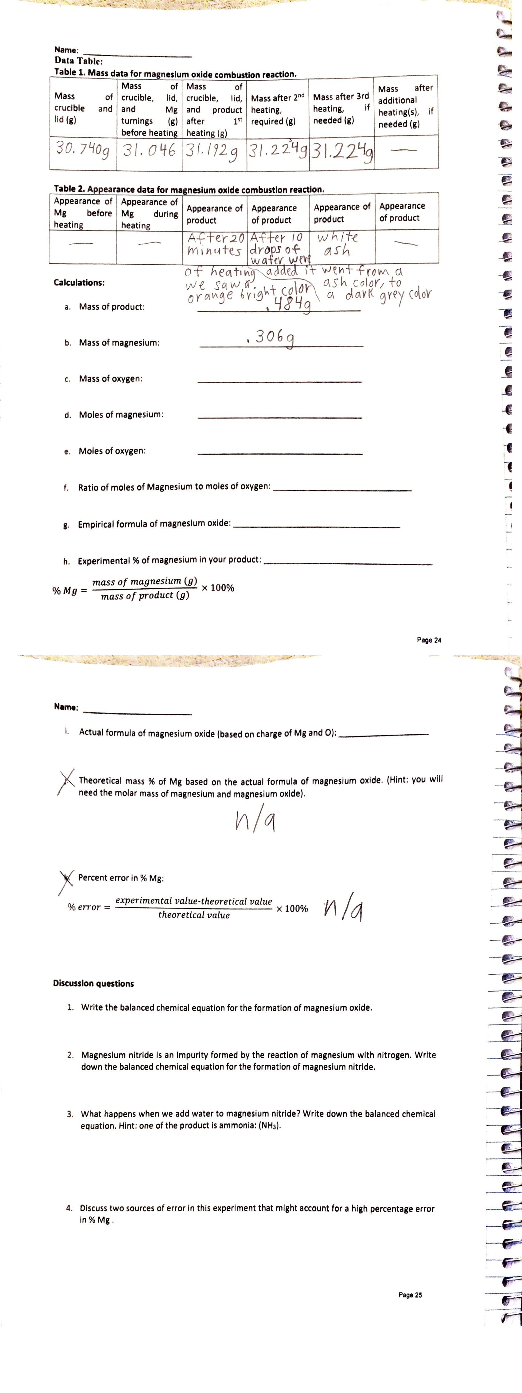 Solved Name:Data TableTable 1. ﻿Mass data for magnesium | Chegg.com