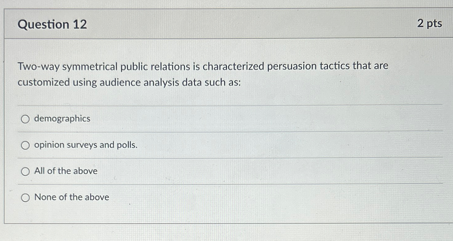 Solved Question 122ptsTwo-way symmetrical public relations | Chegg.com
